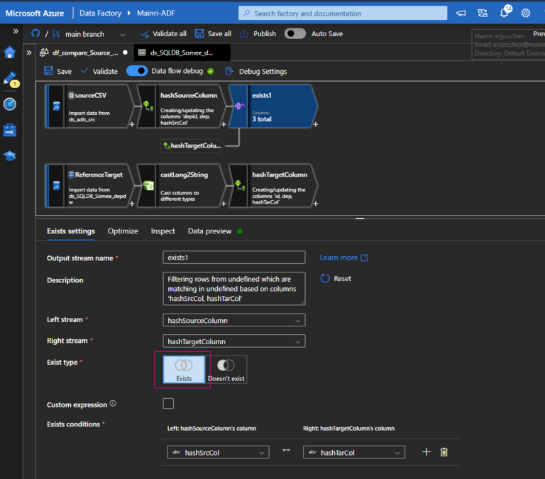 Using Exists Transformation for Data Comparison in Azure Data Factory/Synapse – mainri