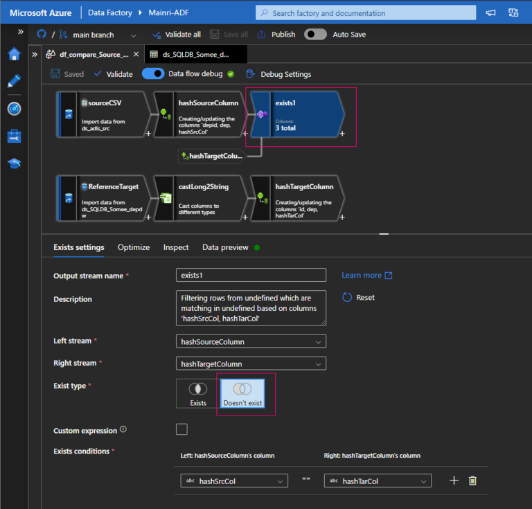 Using Exists Transformation for Data Comparison in Azure Data Factory/Synapse – mainri